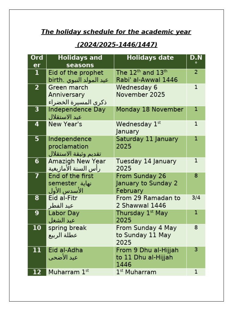 The Holiday Schedule For The Academic Year | PDF