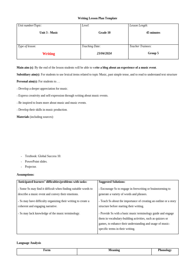 Group 5 - Lesson Plan (Writing) | PDF | Lesson Plan | Human Communication
