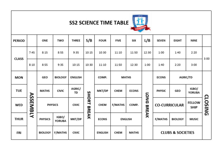 Ss2 Science Time Table 2024-2025 | PDF | Science & Mathematics
