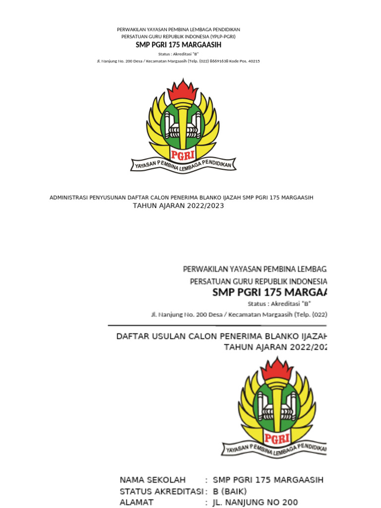 Daftar Ijazah SMP PGRI 175 Margaasih | PDF