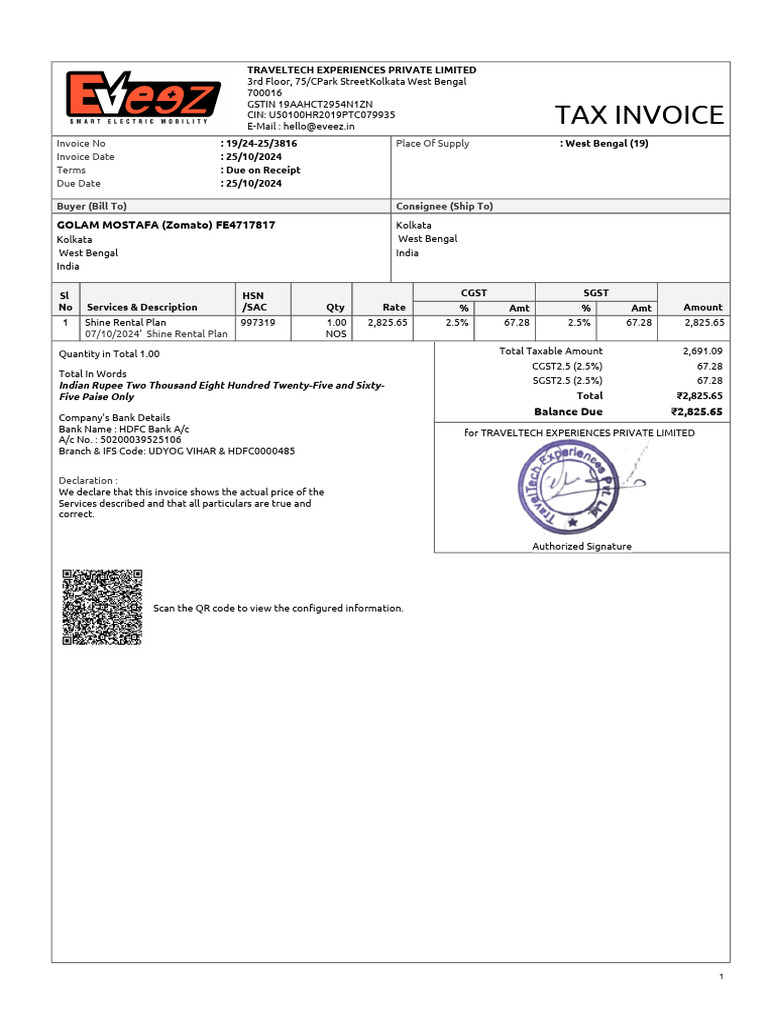 Tax Invoice: GOLAM MOSTAFA (Zomato) FE4717817 | PDF | Invoice | Taxation