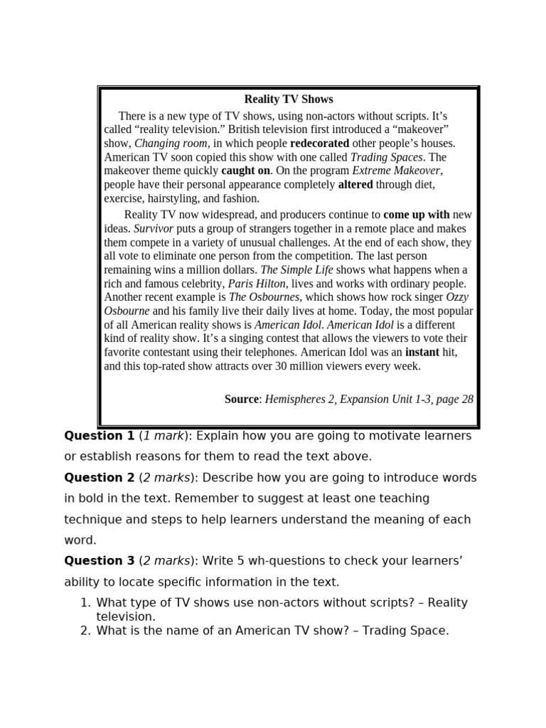 Sample Test 3 | PDF | Reality Television