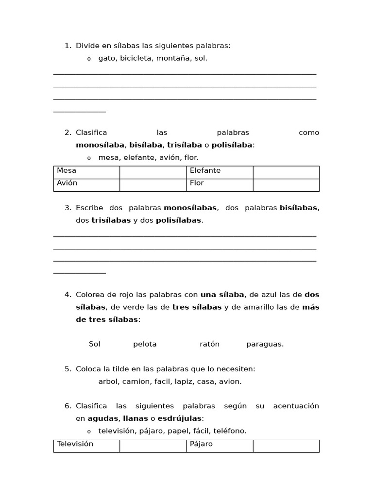 Divide en Sílabas Las Siguientes Palabras | PDF