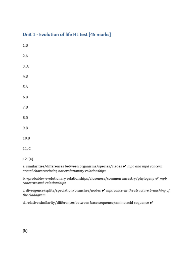Evolution of Life HL Test Answers | PDF | Biological Evolution | Biology