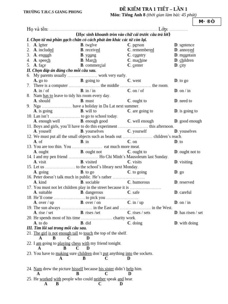 Ktra Anh 8 Lan 1 Co Ma Tran Dap An | PDF | Deafness | Telephone