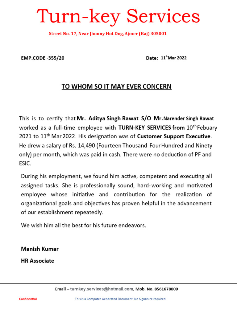 Aditya Rawat Employment Certificate | PDF | Career & Growth | Business