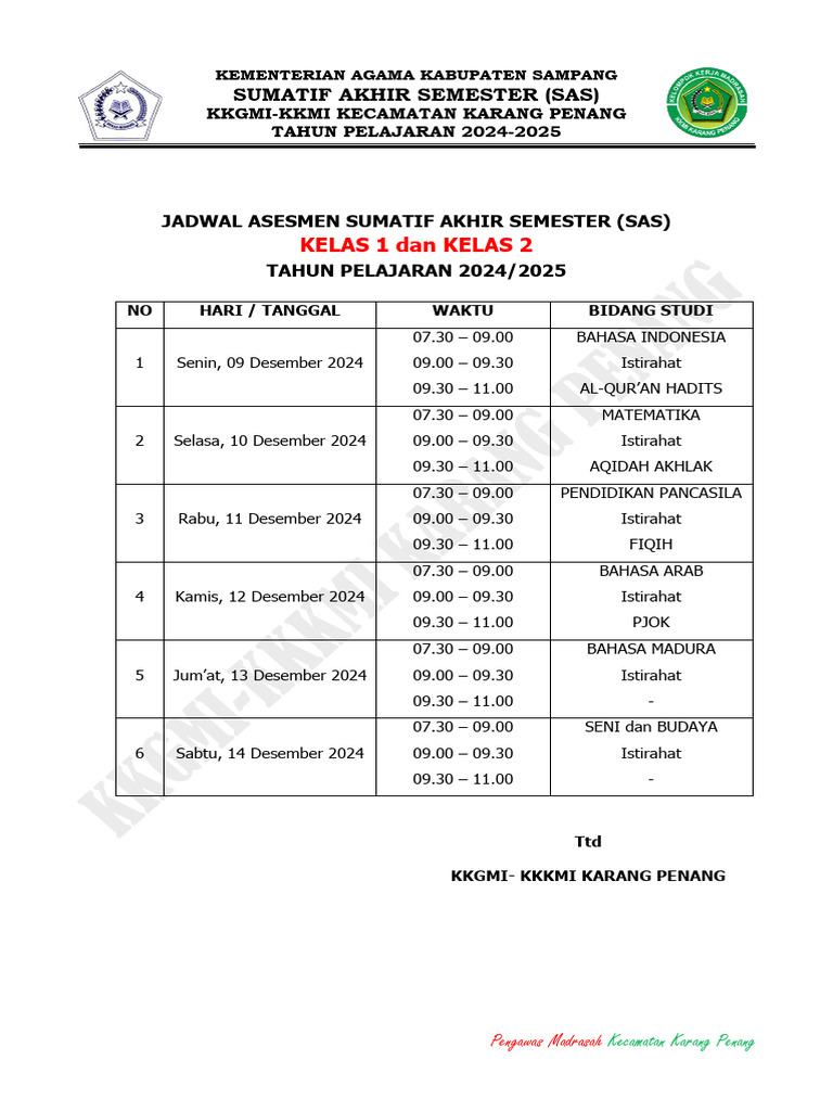 Jadwal Sas Mi 2024-2025 | PDF