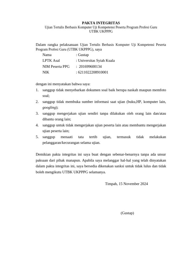 Pakta Integritas UTBK UKPPPG Gustap (No Ukg) | PDF | Karier & Perkembangan