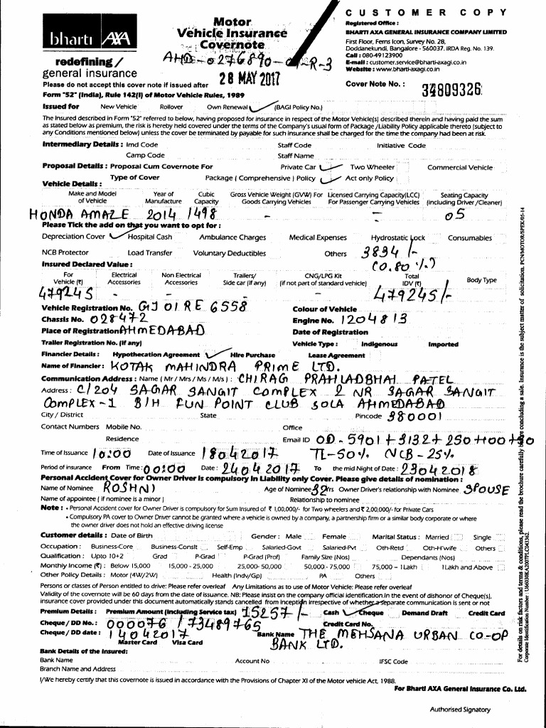 6558 Amaze Cover Notes of Insurance 2017 | PDF | Insurance | Vehicles