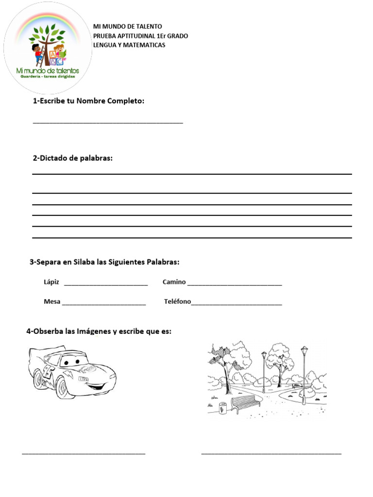 Prueba Aptitudinal 1er Grado: Lengua y Matemáticas | PDF