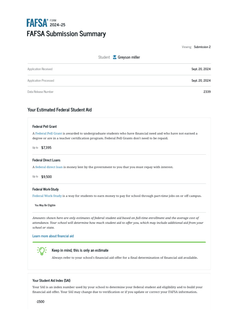 FAFSA Submission Summary 2024-25 - FAFSA Form - Federal Student Aid | PDF | Student Financial ...