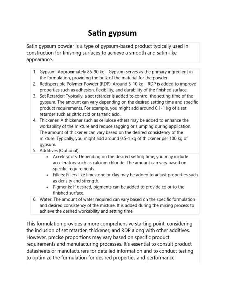 Satin Gypsum Formulation | PDF | Lime (Material) | Chemical Substances