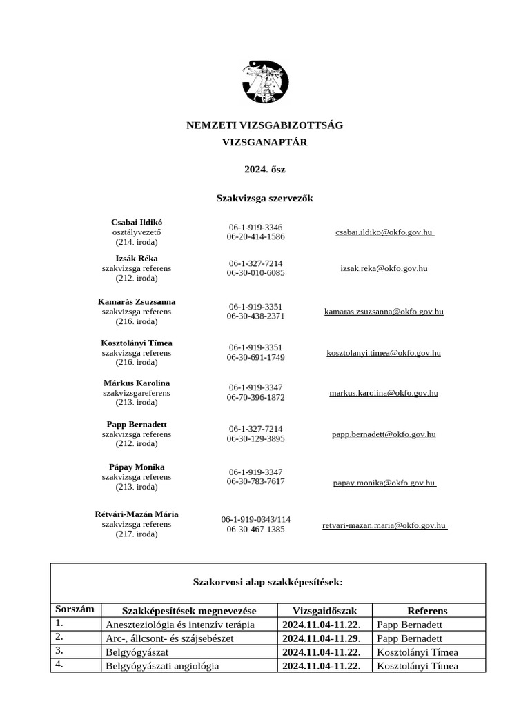 NVB Szakvizsganaptar 2024 Osz | PDF