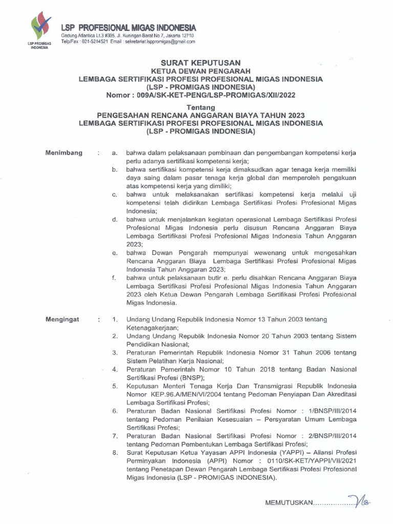 13B. SURAT KEPUTUSAN - 009A - PENGESAHAN RAB LSP PROMIGAS 2023 - 06 Des ...