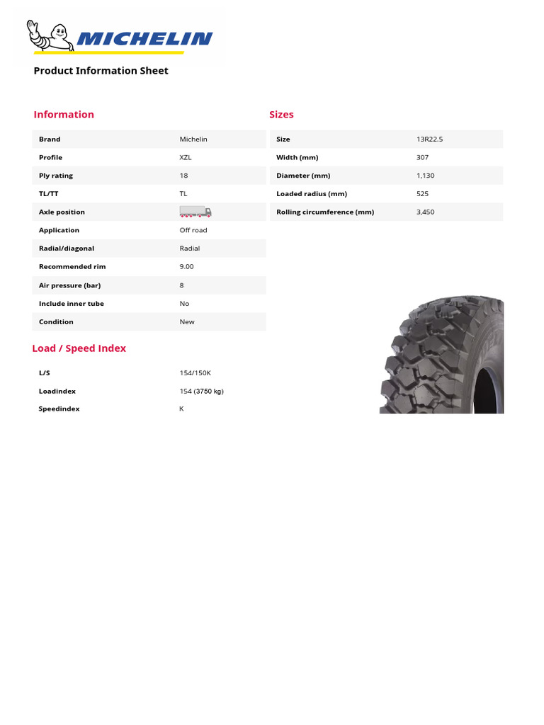 13r22 5 Michelin XZL 154 150k 18pr TL | PDF