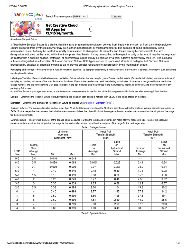 USP Monograph on Absorbable Sutures | PDF | Surgical Suture | Materials
