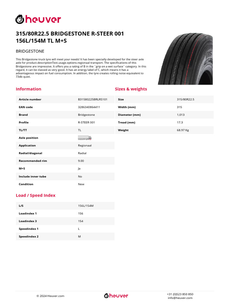 315 80r22 5 Bridgestone R Steer 001 156l 154m TL M S | PDF