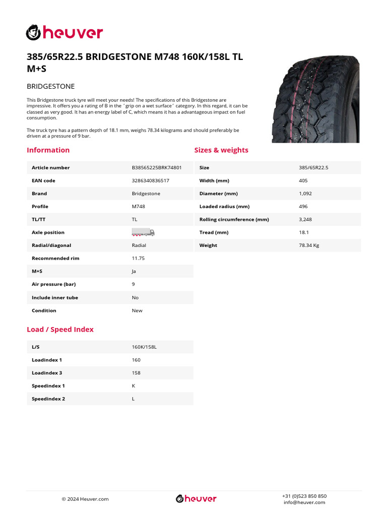 385 65r22 5 Bridgestone m748 160k 158l TL M S | PDF
