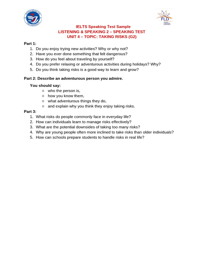 L&S2 - 63ATN - G2 - IELTS Speaking Test Sample - U4 - Risk | PDF | Risk ...
