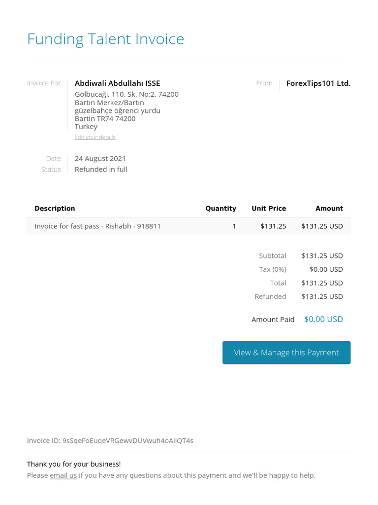 Funding Talent Invoice Refunded | PDF