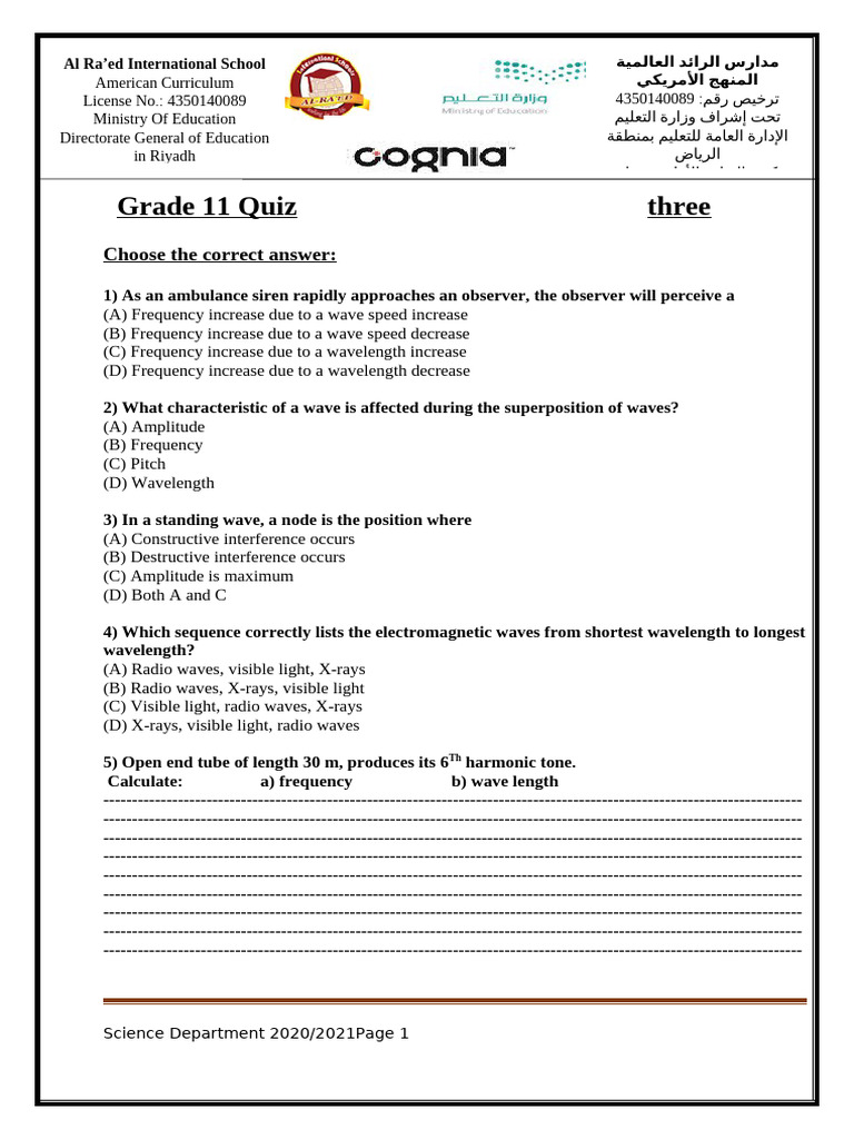 Grade 11 Quiz 1,3 | PDF | Wavelength | Waves