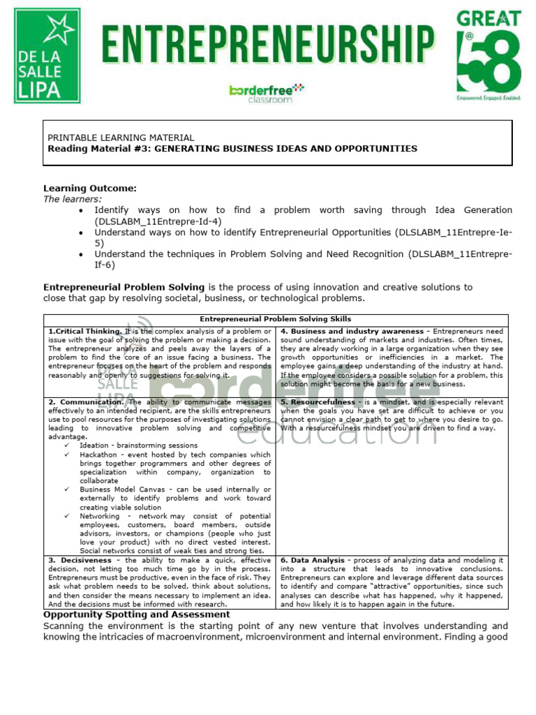 RM3 - Generating Business Ideas and Opportunities | PDF | Entrepreneurship | Swot Analysis