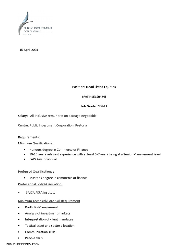 Head of Listed Equities Position at PIC | PDF | Investment Management ...