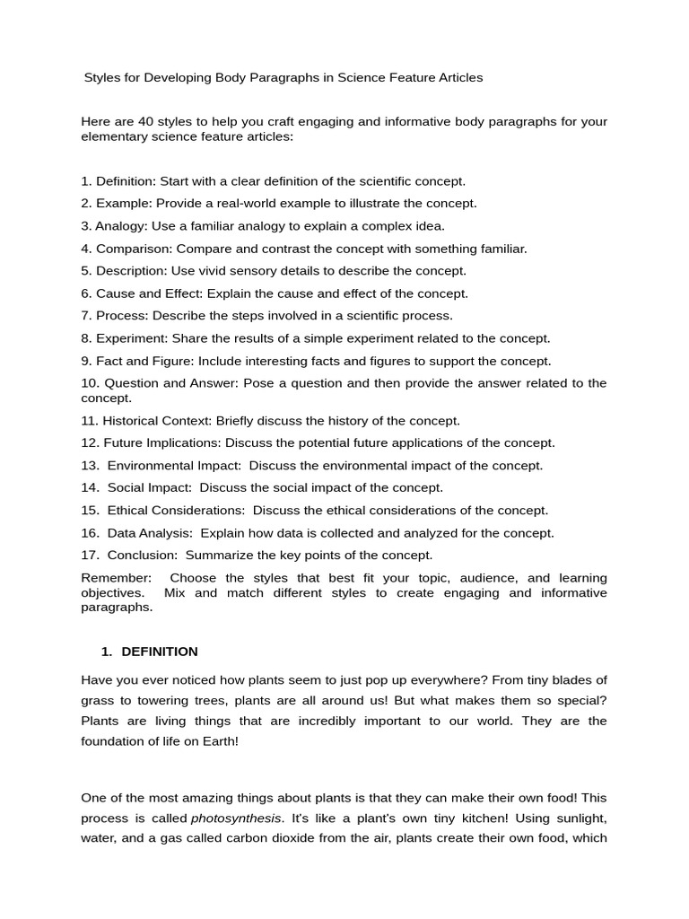 Styles For Developing Body Paragraphs in Science Feature Articles | PDF ...