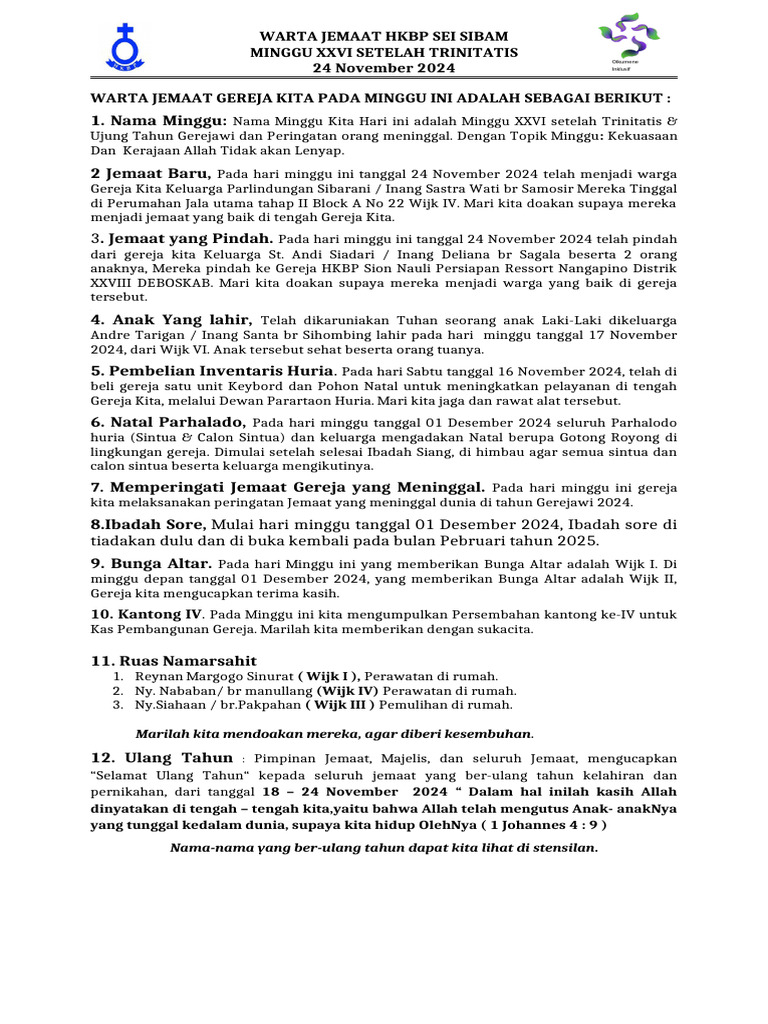 Warta Jemaat HKBP Sei Sibam 24 Nov 2024 | PDF
