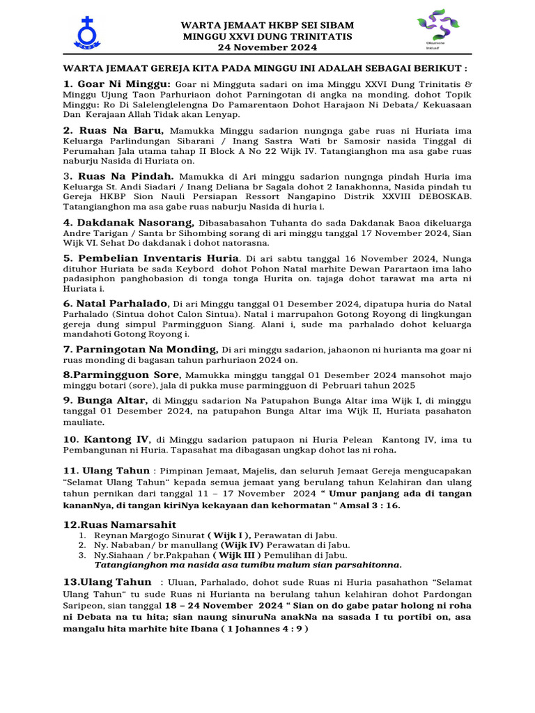 Warta Jemaat HKBP Sei Sibam 24 Nov 2024 | PDF | Ilmu Sosial