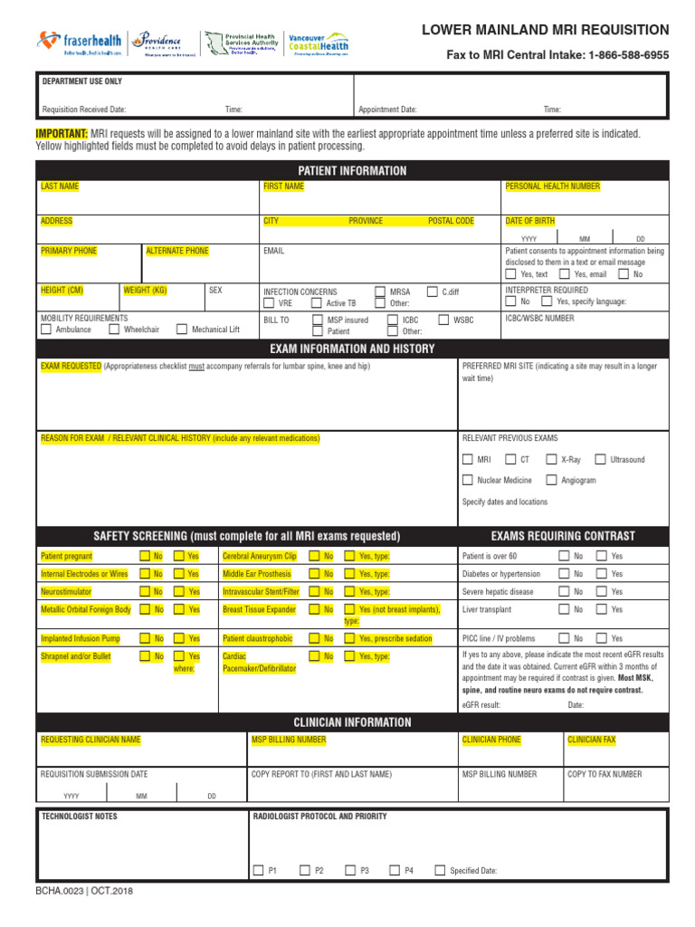 Lower Mainland MRI Requisition Form | PDF | Magnetic Resonance Imaging ...
