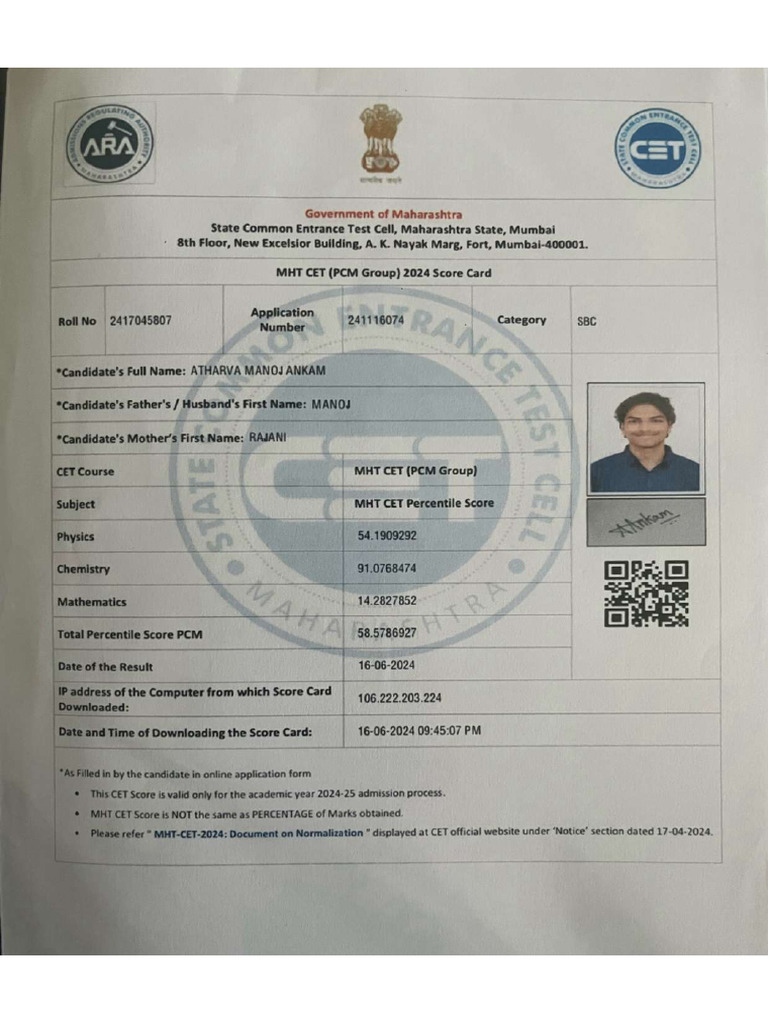 MHT Cet Score Card | PDF