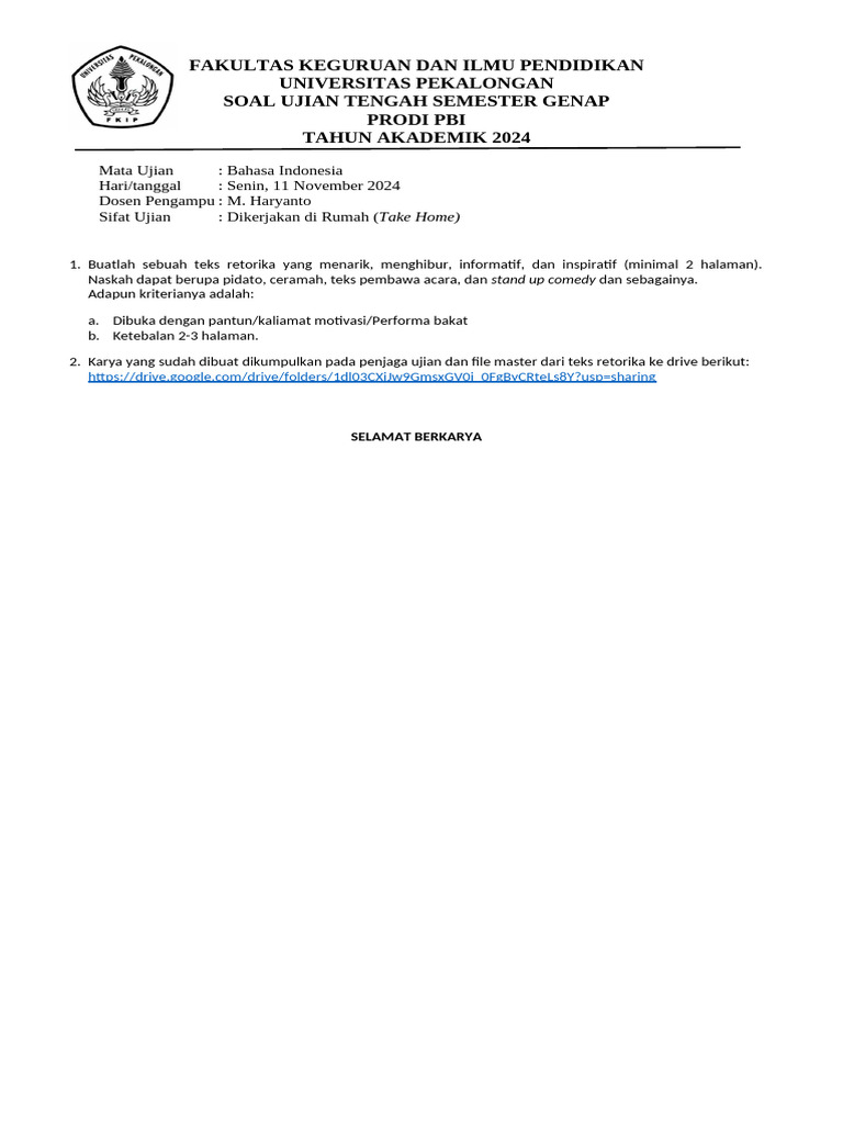 Uts B Indonesia Pbi 2024 | PDF