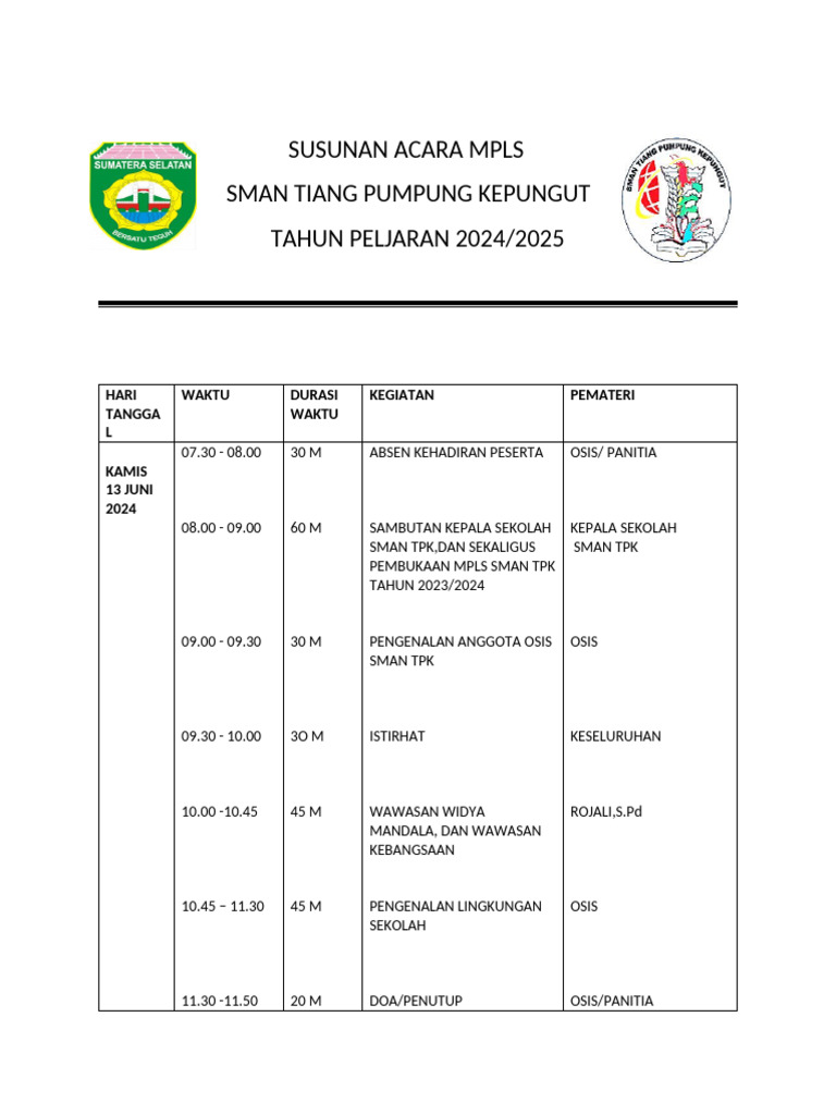 Susunan Acara MPLS 2024 | PDF