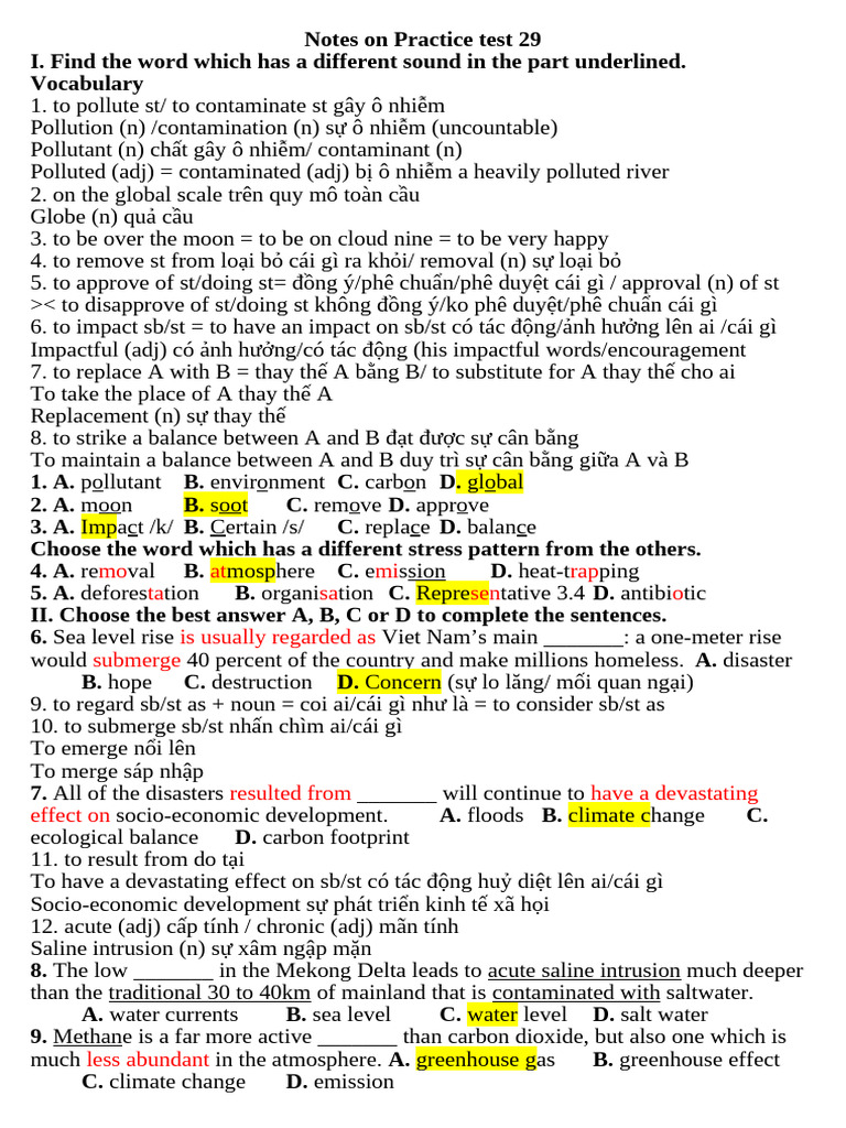 Notes On Practice Test 29 | PDF | Environmental Science | Pollution