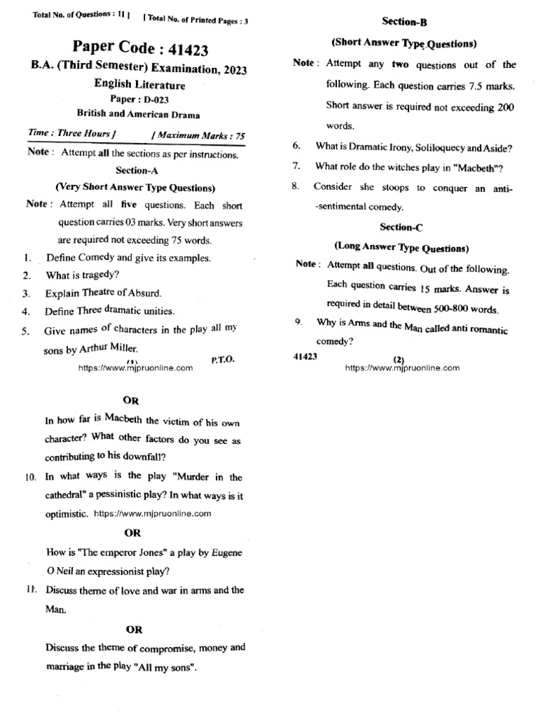 Ba 3 Sem English Literature British and American Drama 41423 2023 | PDF