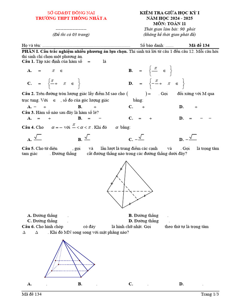 De Giua Hoc Ky 1 Toan 11 Nam 2024 2025 Truong THPT Thong Nhat A Dong Nai | PDF