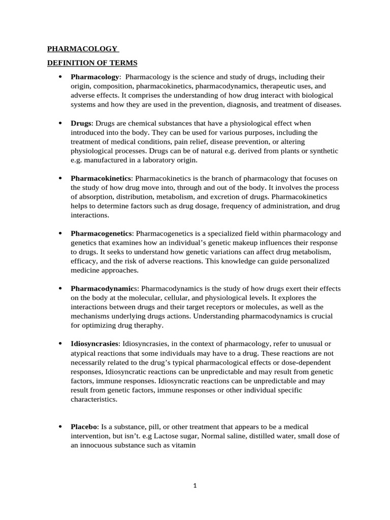 Definition of Terms (Pharmacology) | PDF | Pharmacology | Health Sciences