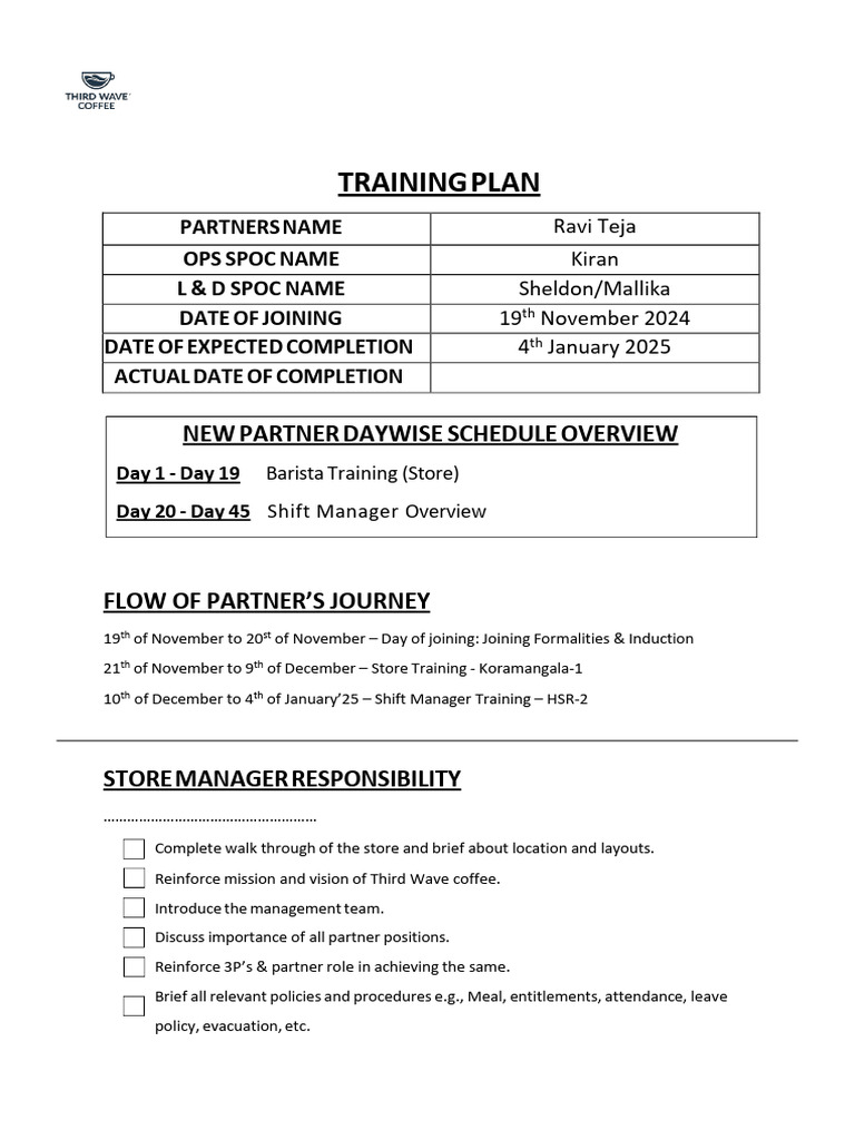 Shift Manager Training Plan - Ravi Teja | PDF | Drink | Coffee