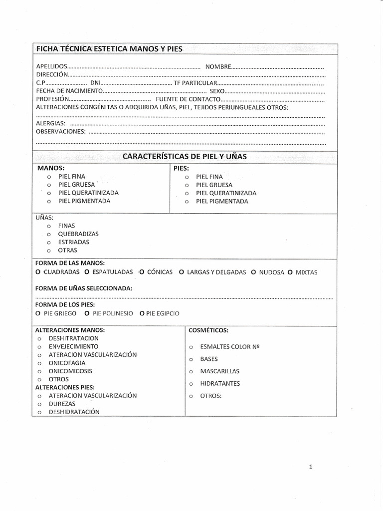 Ficha Técnica Estética Manos y Pies | PDF