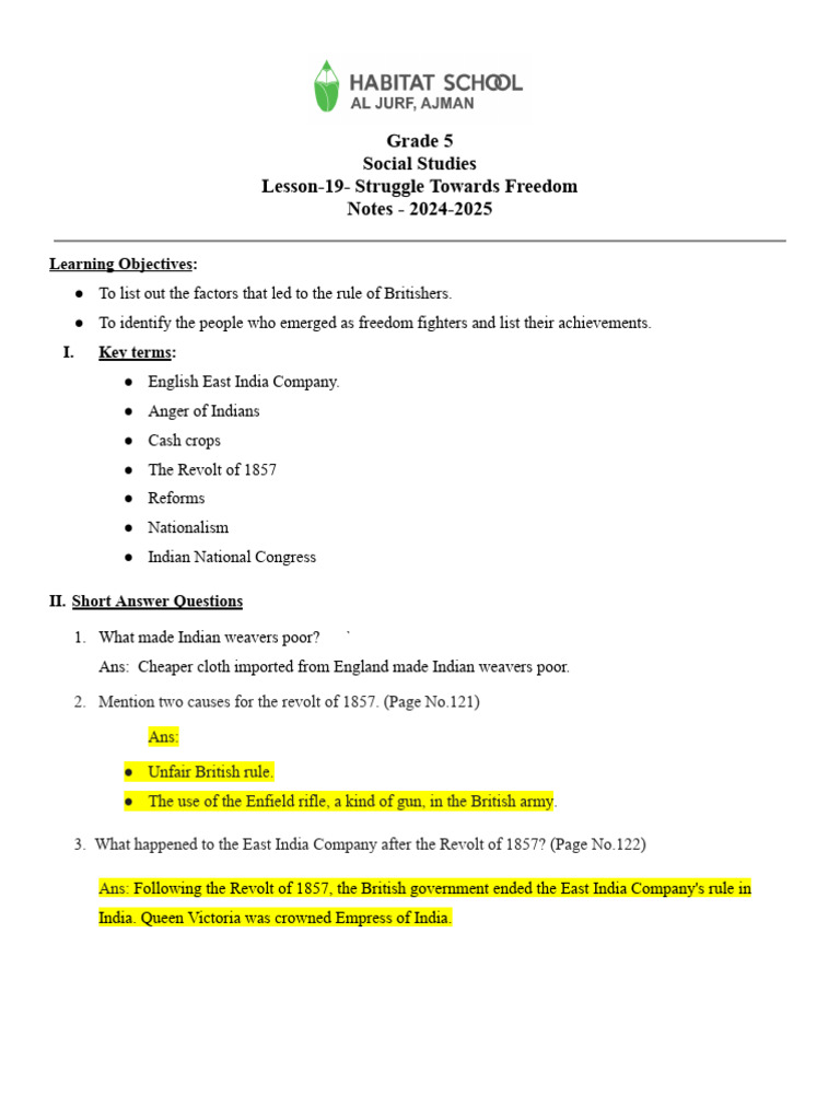 Lesson-19 Struggle Towards Freedom - Notes-2 | PDF | Indian Rebellion ...