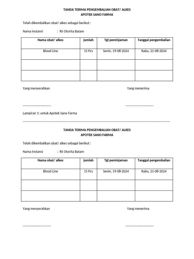 Form Tanda Terima Pengembalian Obat | PDF