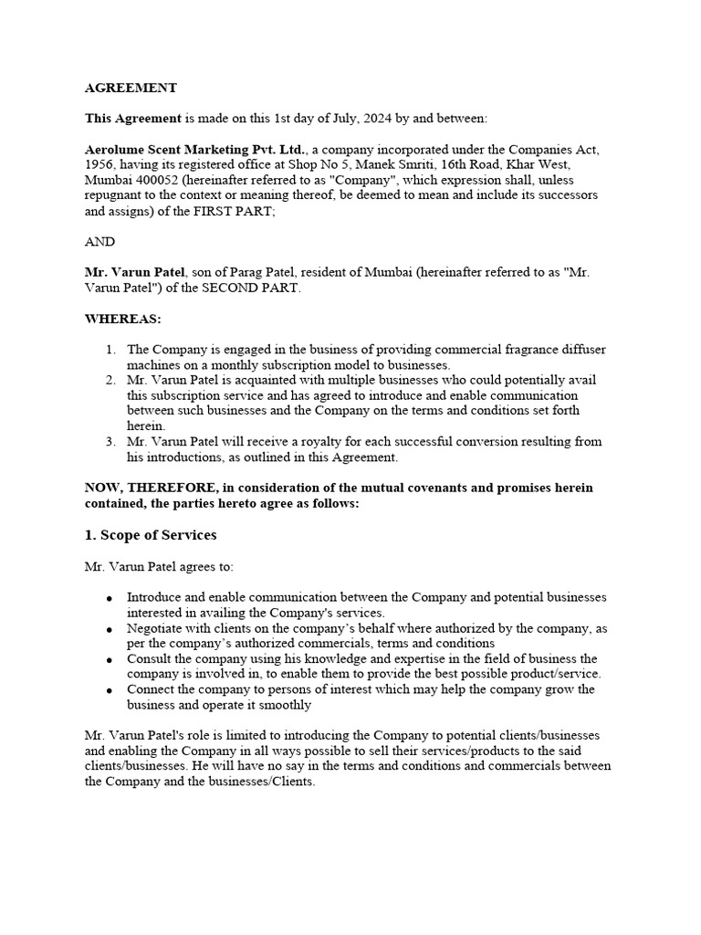 Aerolume Agreement with Varun Patel | PDF | Royalty Payment | Justice