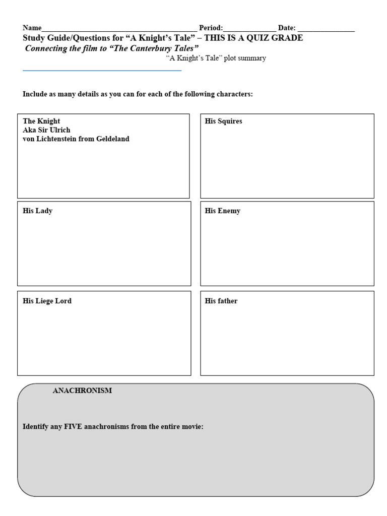 Study Guide for "A Knight's Tale" | PDF