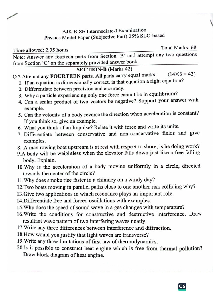 Ajkbise 11th Class Physics Model Paper 2024 Slo Based | PDF
