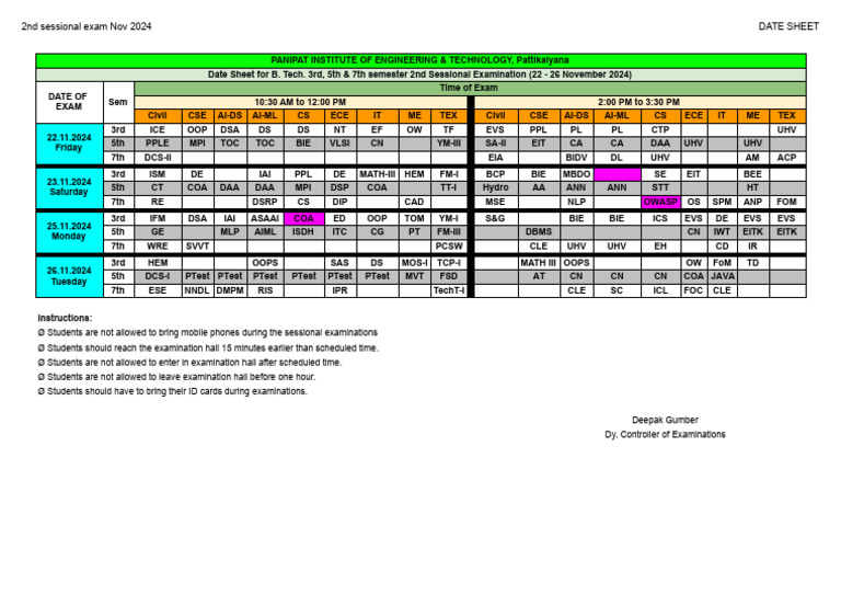 2nd Sessional Exam Nov 2024 - DATE SHEET | PDF