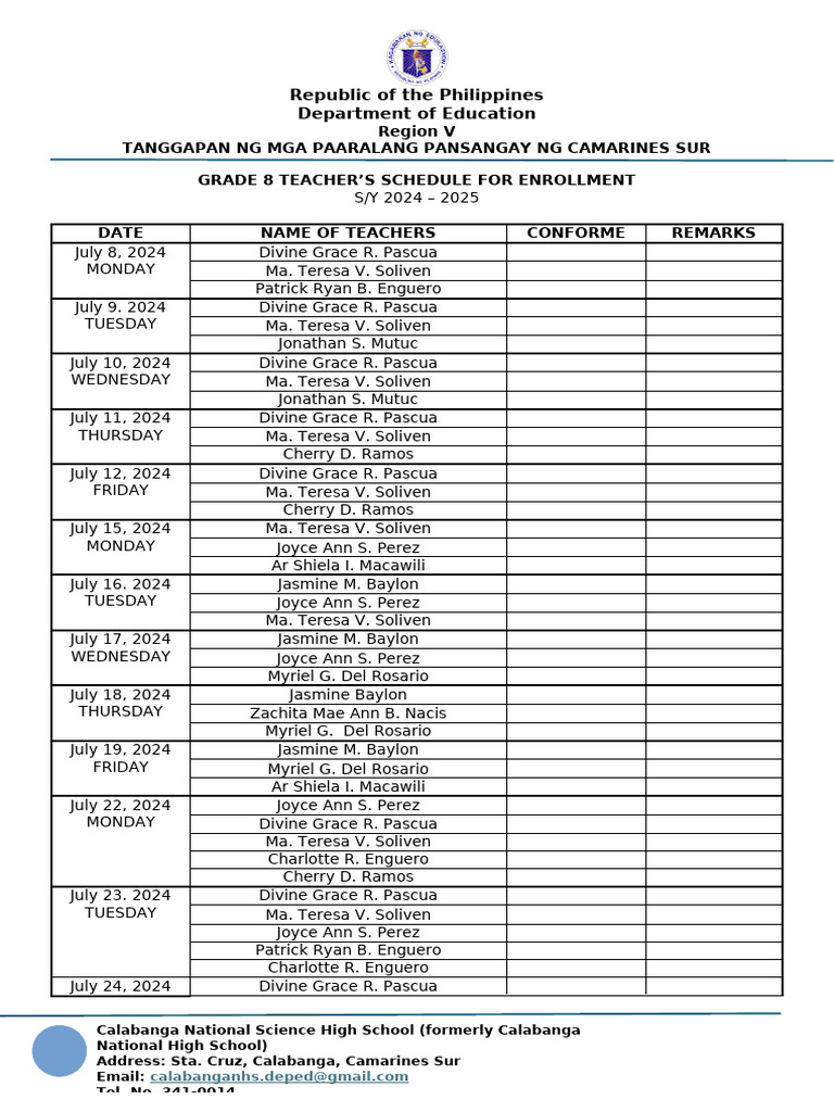 Grade 8 Teacher's Schedule For Enrollment | PDF