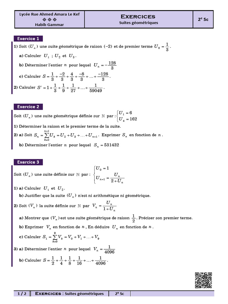 Exercices sur les suites géométriques | PDF | Mathématiques | Analyse ...