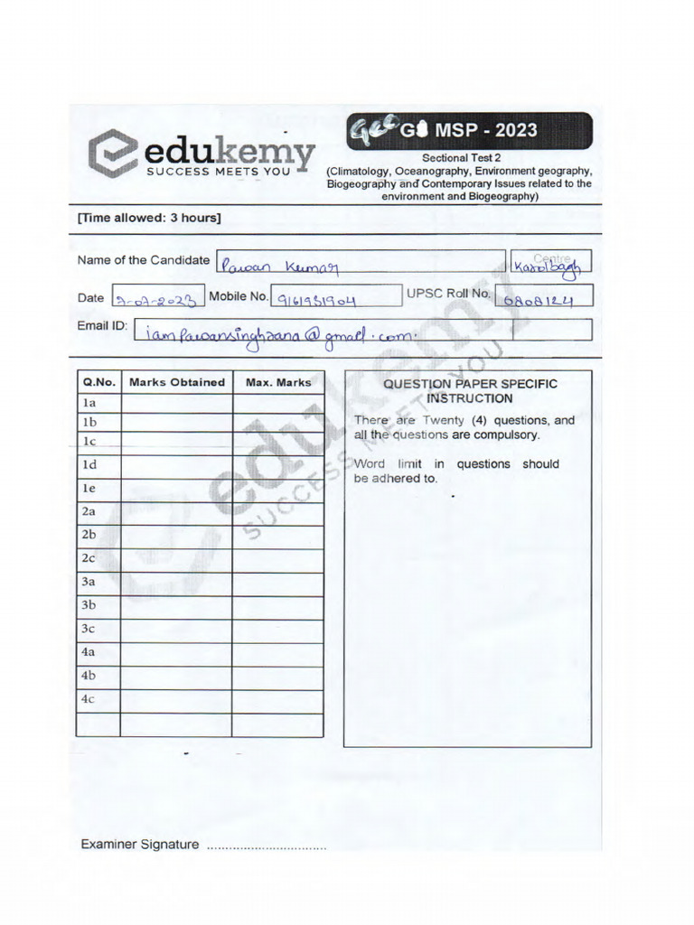 Pawan Kumar Rank 229 Answer Booklet 1 | PDF