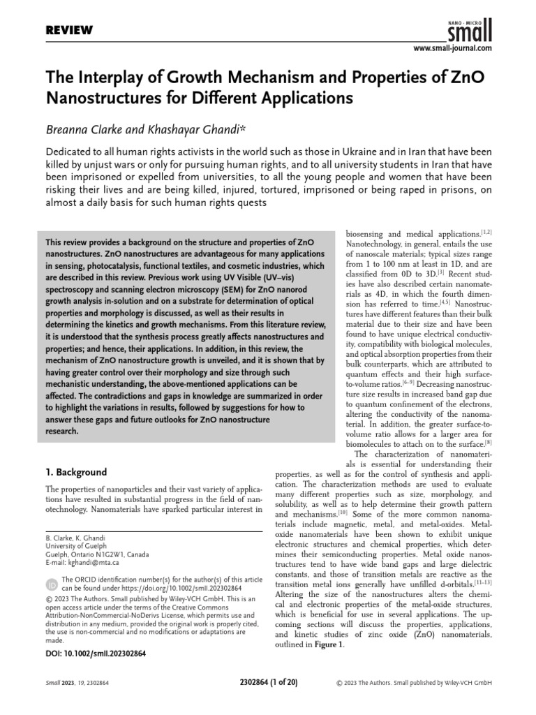 Small - 2023 - Clarke - The Interplay of Growth Mechanism and Properties of ZnO Nanostructures ...
